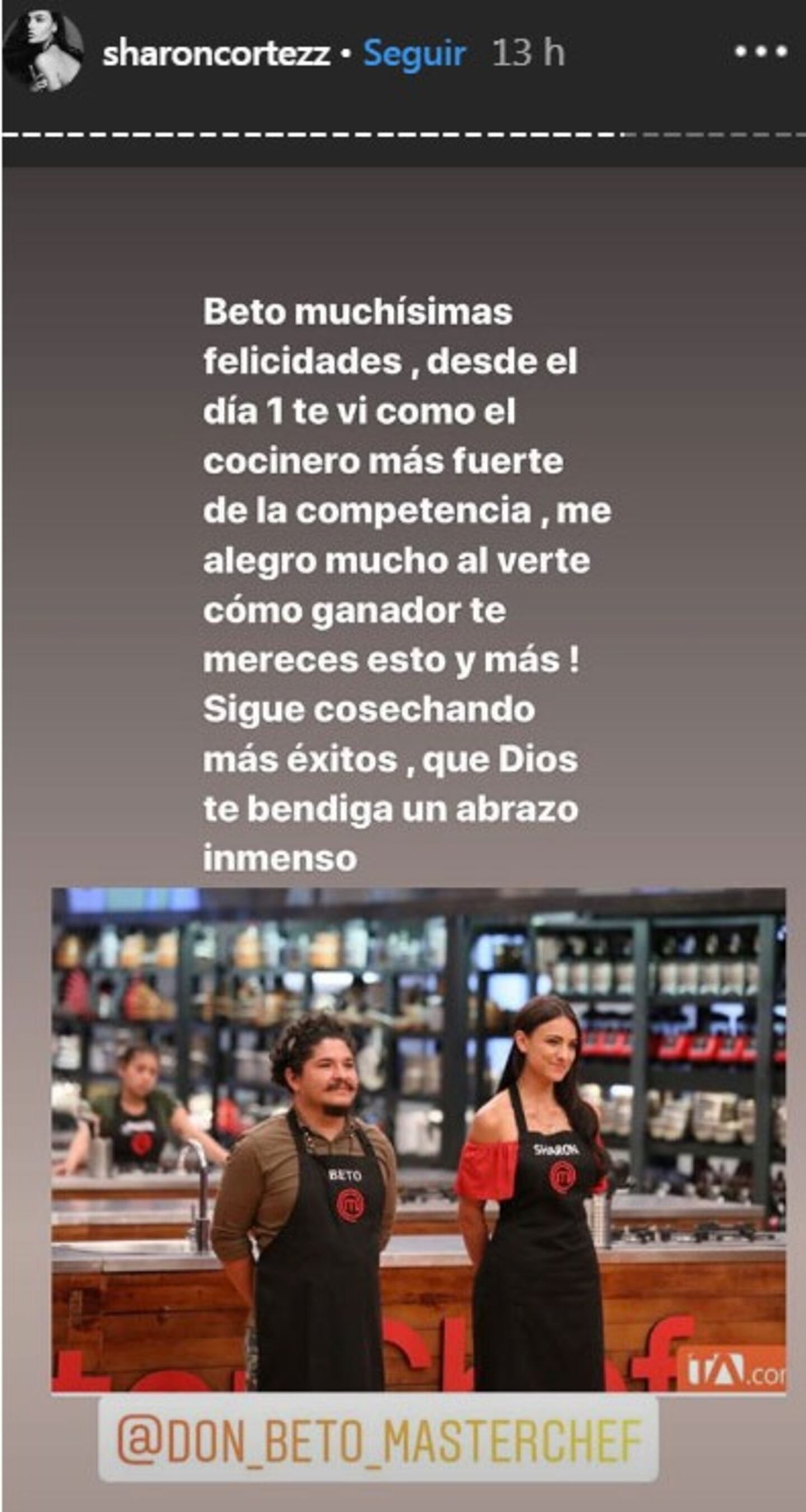 Sharon Cortez envió este mensaje a Beto tras la final de MasterChef ...